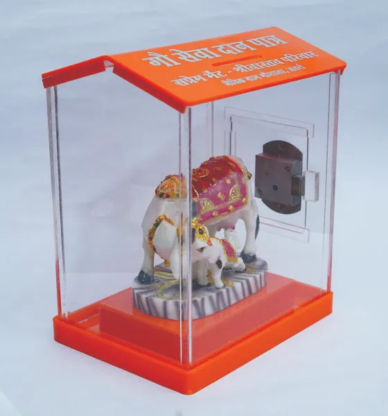 Acrylic Cow Statue Donation Box – Gaushala & Temple Use